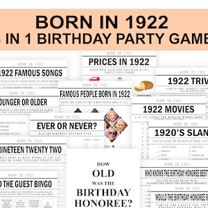 Born in 1922 Games Bundle 1922 Trivia Fun 103rd Birthday Activity ...