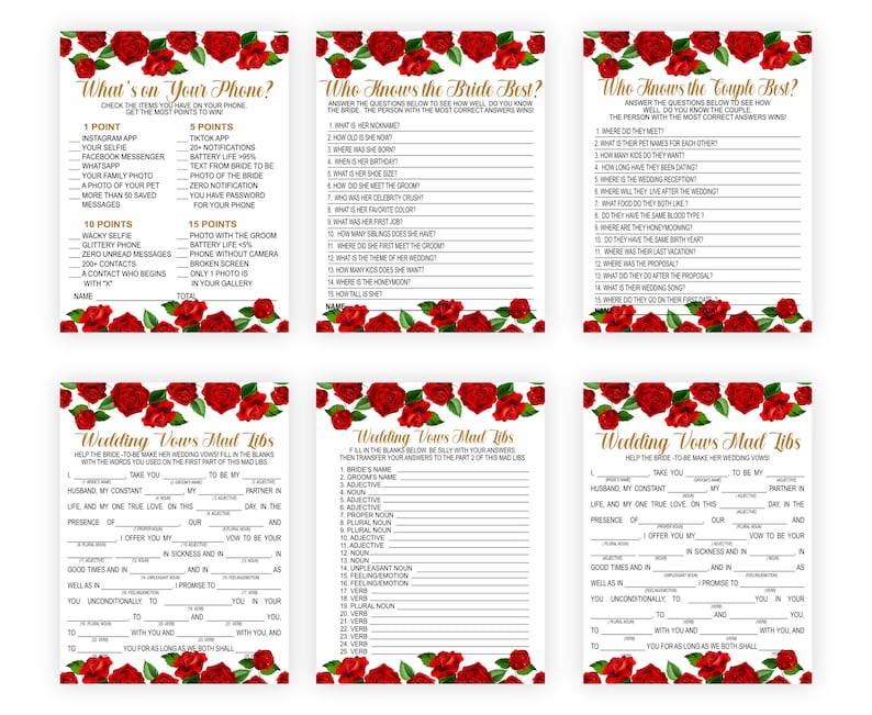 Bridal Shower Games, Bundle Pack, Red Rose Theme, Red Rose Bridal ...