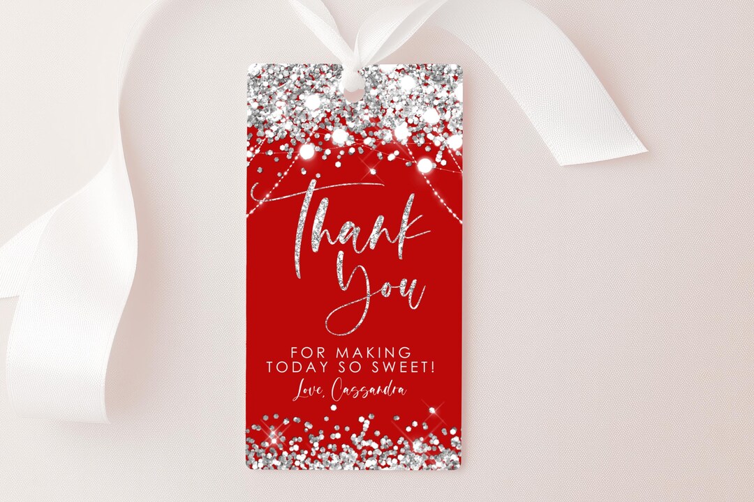 Red Silver Glitter Thank You Tag: Editable Birthday Favor (digital ...