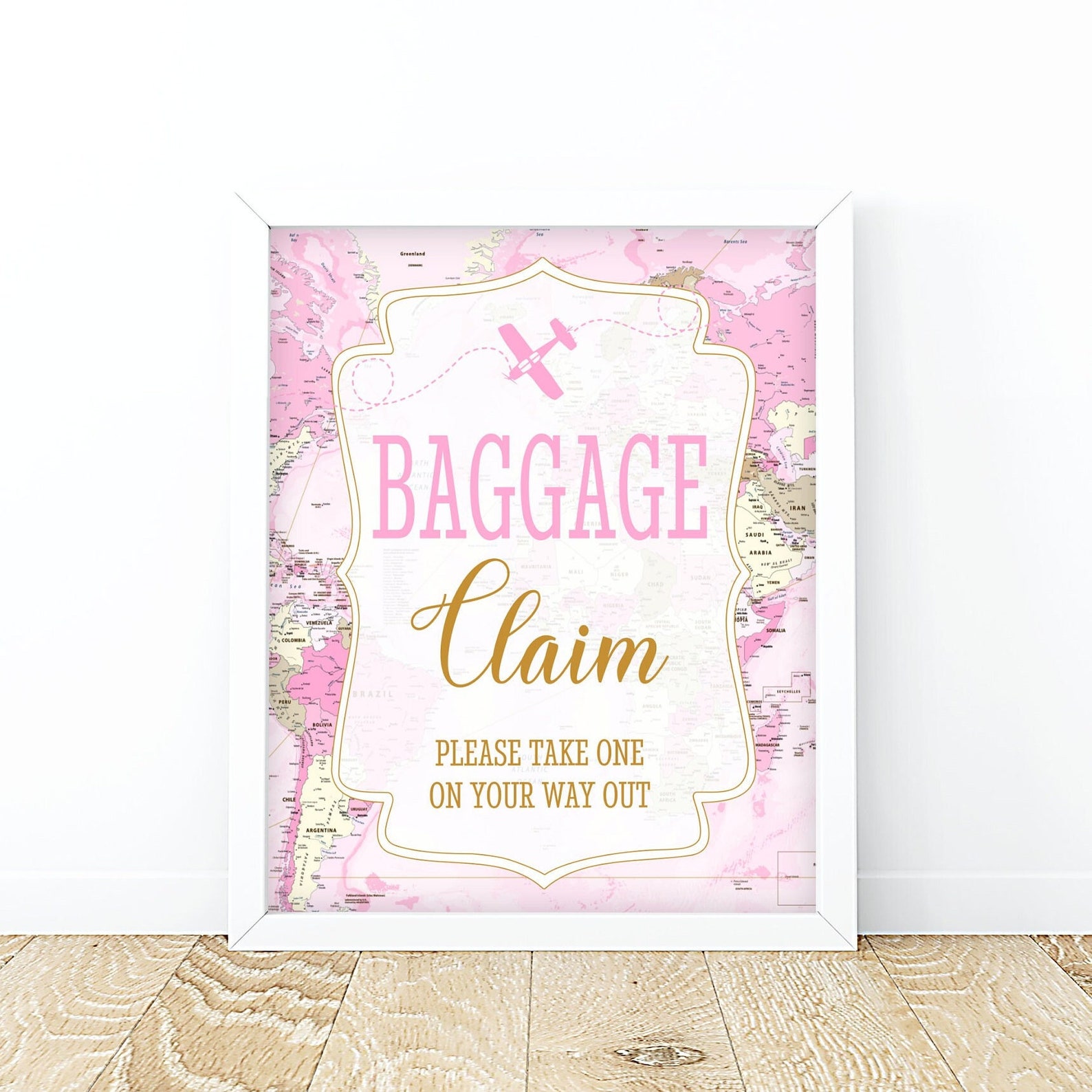 Travel Favor Party Sign Pink Map Adventure Sign Baby Shower Bridal ...