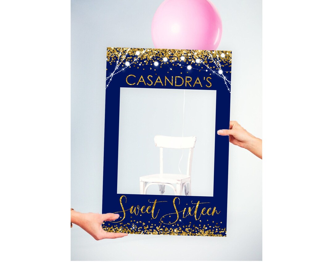 Editable Gold Blue Photo Booth Frame Sweet Sixteen Gold Glitter Black ...