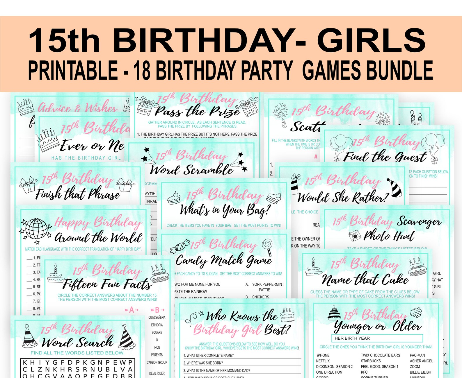 15th Birthday Party Games for girls Fifteenth Birthday Game | Etsy