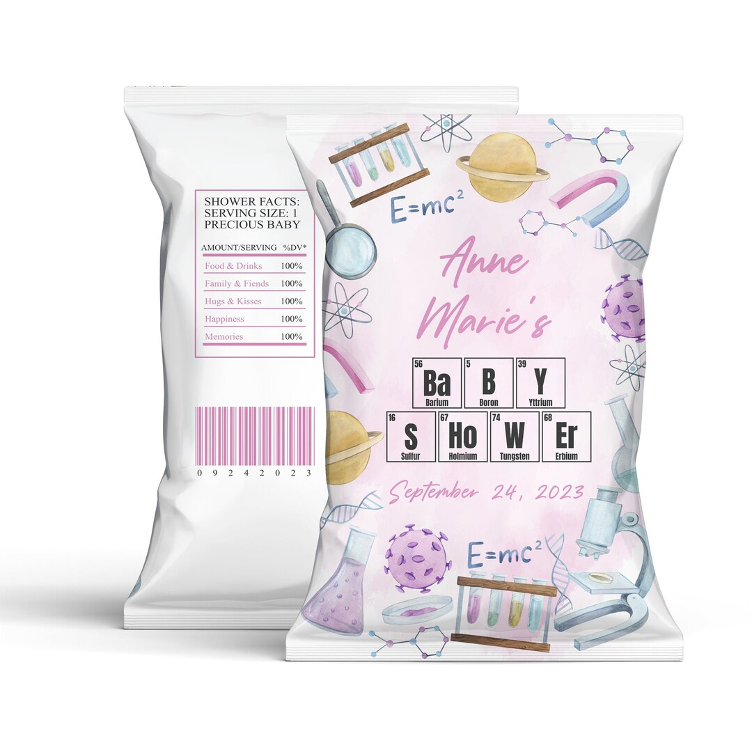 Editable Science Baby Shower Chip Bag Label Pink Girl Scientist Chip ...