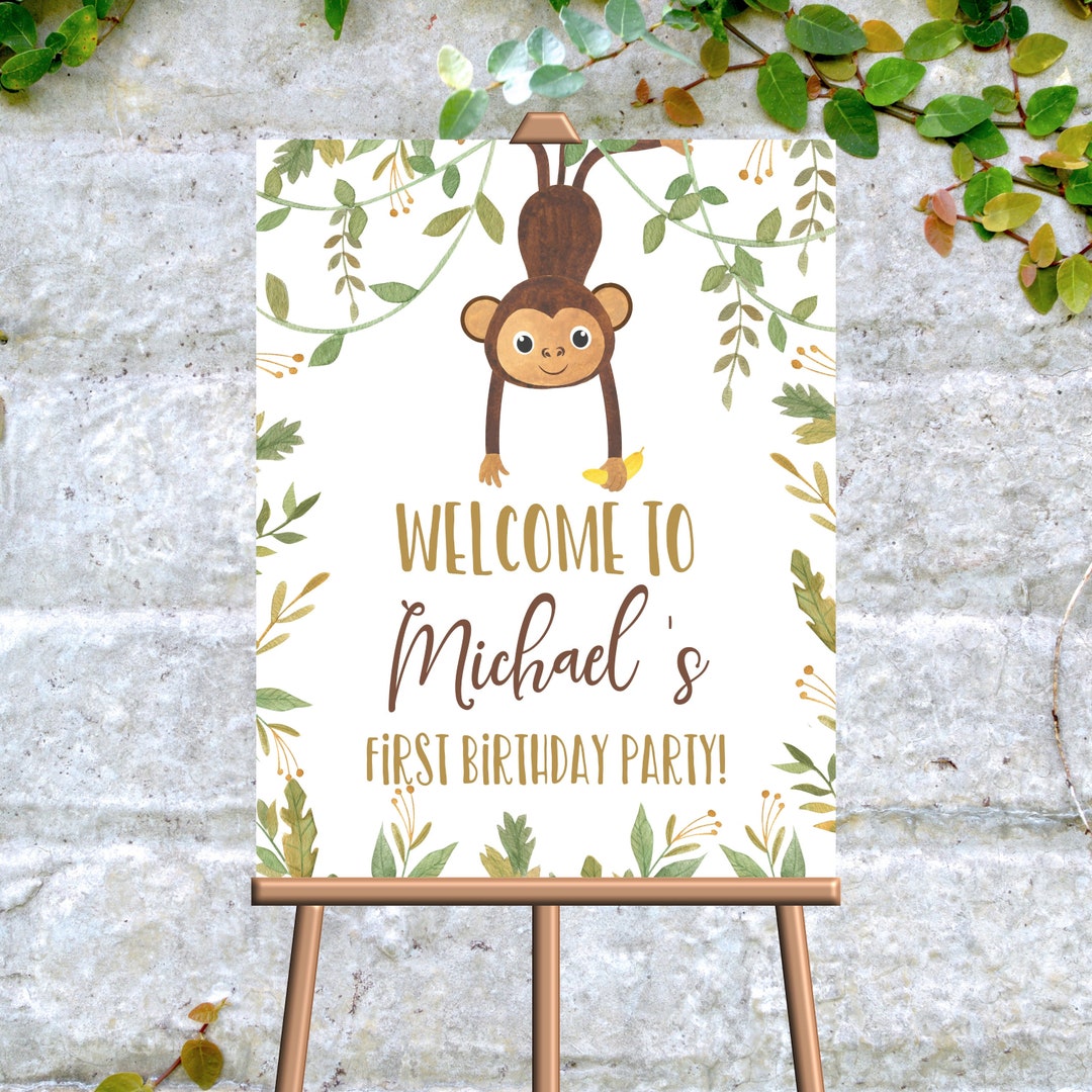 Editable Monkey Welcome Sign Jungle Birthday Monkey Welcome Birthday ...