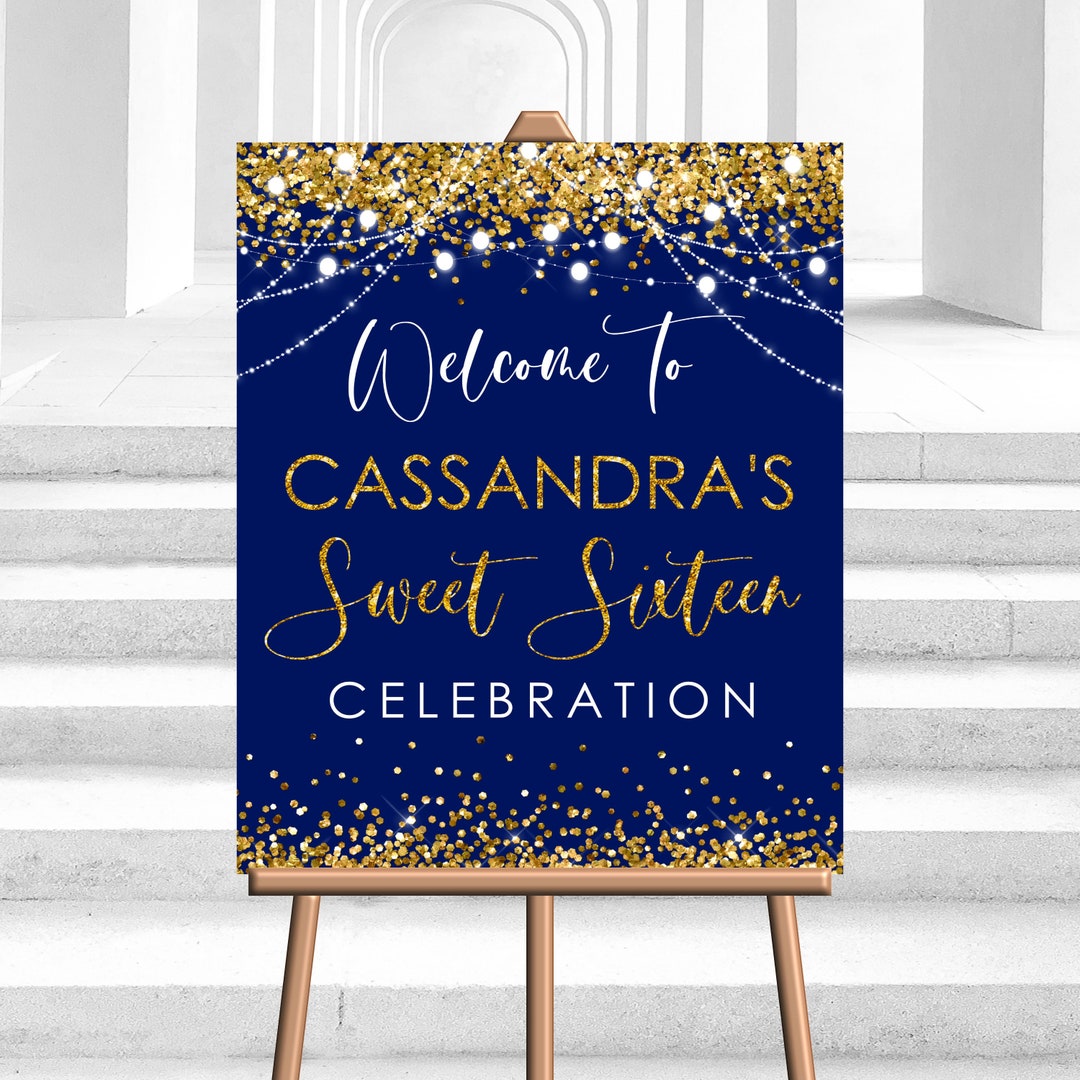 Editable Blue Gold Welcome Sign Birthday Party Gold Glitter Welcome ...