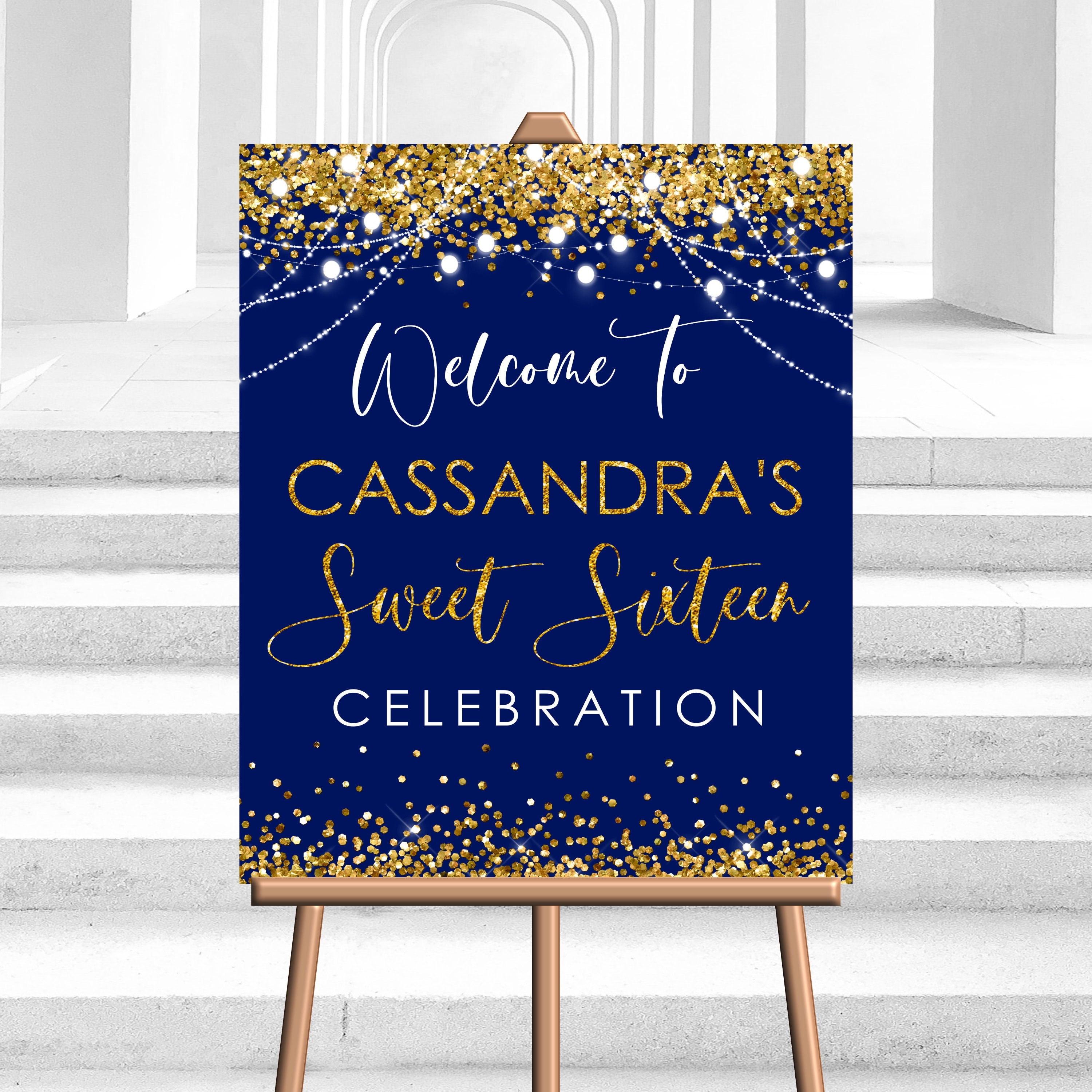 Editable Blue Gold Welcome Sign Birthday Party Gold Glitter Welcome ...