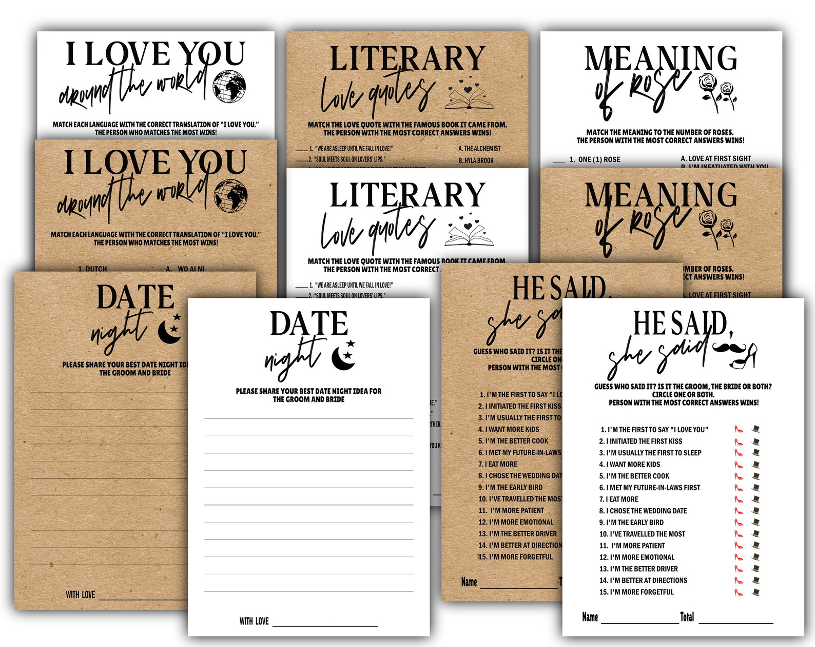 Kraft Wedding Game Bundle Pack printable Digital Download - Etsy