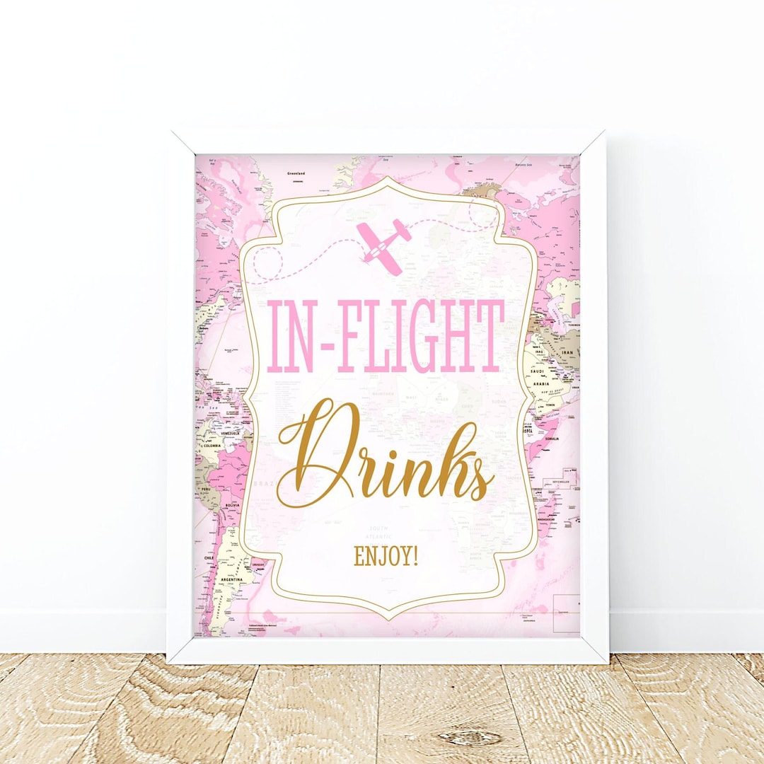 In-flight Drinks Party Sign Travel Pink Map Adventure Sign Baby Shower ...