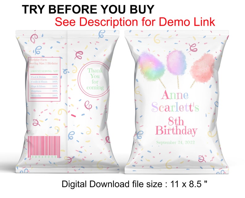 Editable Cotton Candy Chip Bag Label PRINTABLE Cotton Candy - Etsy UK