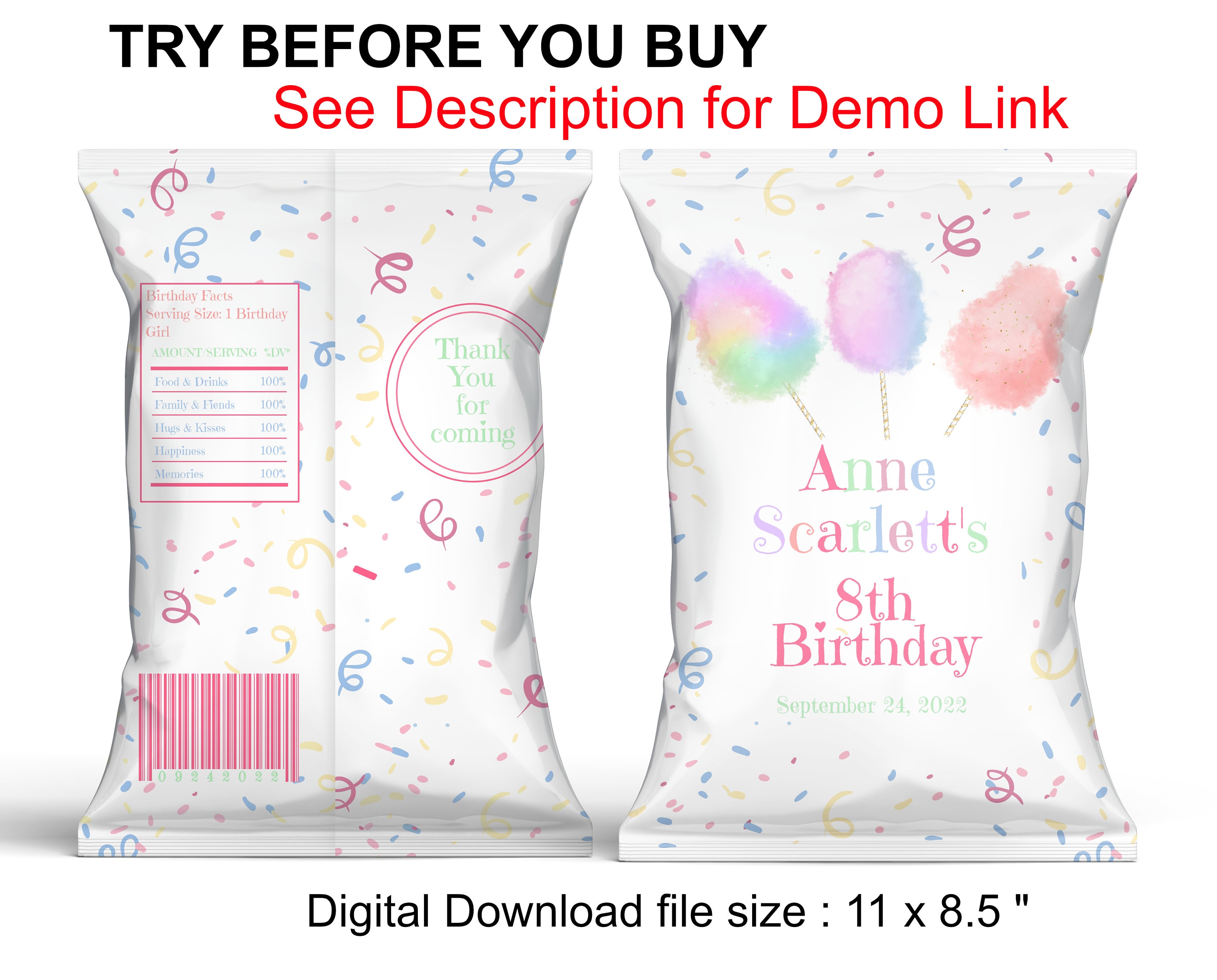 Editable Cotton Candy Chip Bag Label PRINTABLE Cotton Candy Chip Bag ...