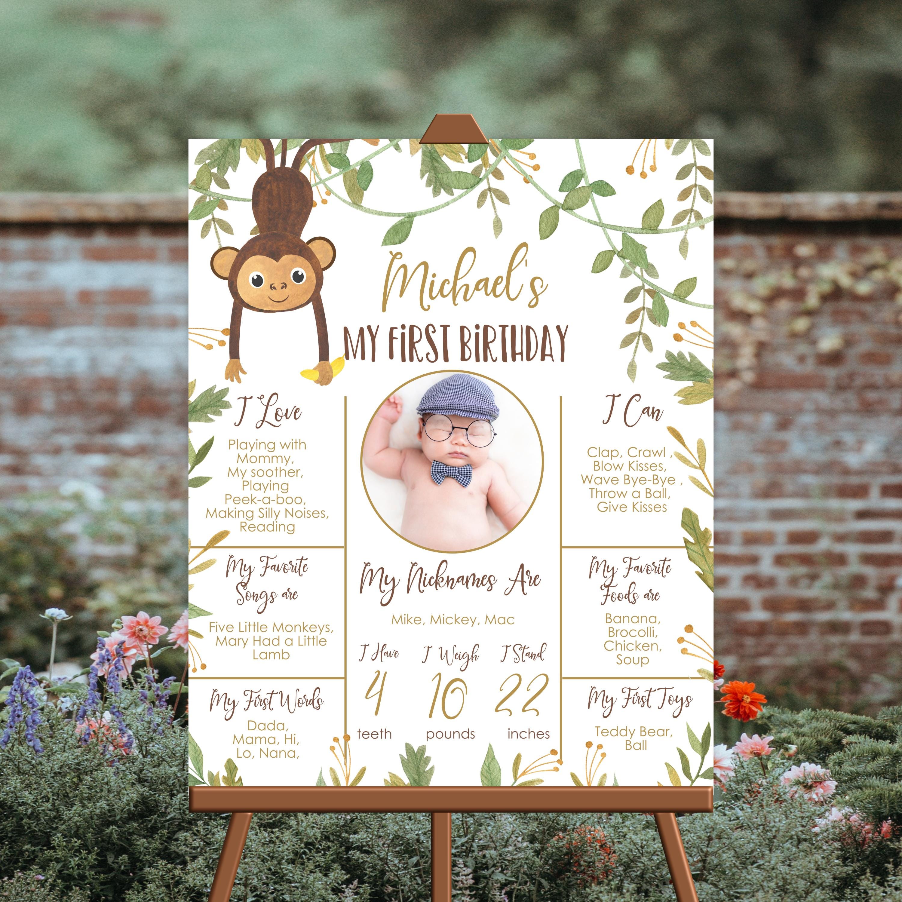 Editable Monkey Birthday Milestones Sign Cheeky Little First Birthday ...