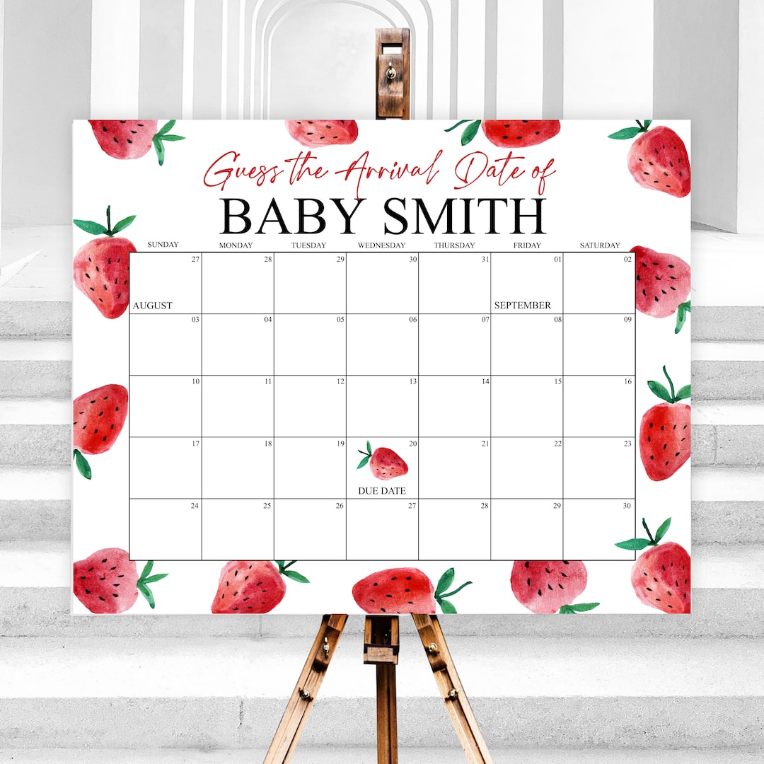 Editable Strawberry Baby Due Date Calendar Game Guess Baby's Birth Date ...