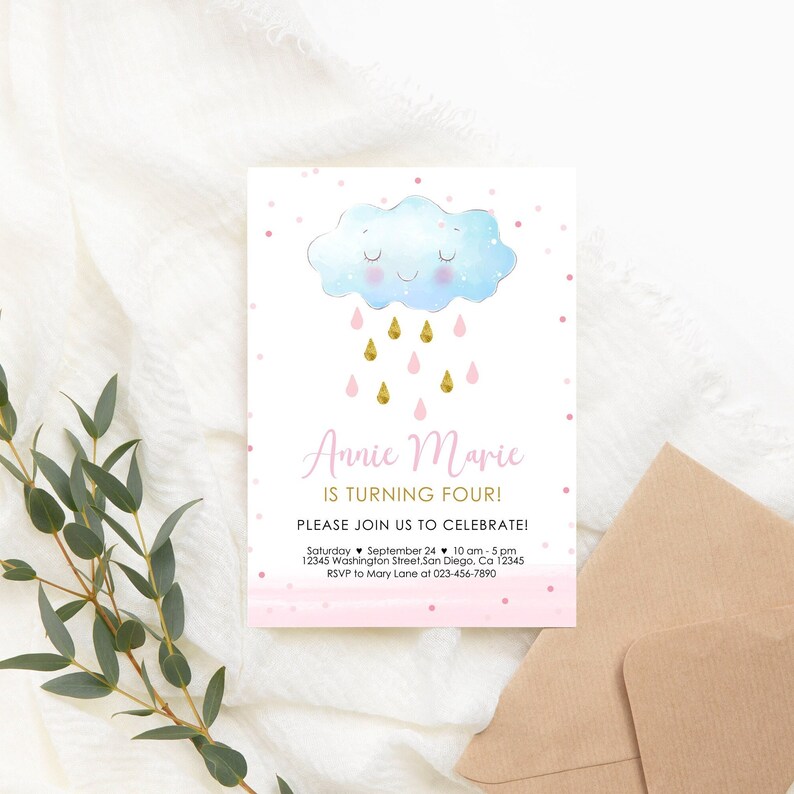 Editable Rain Birthday Invitation Cloud Rain Pink Birthday Invite ...