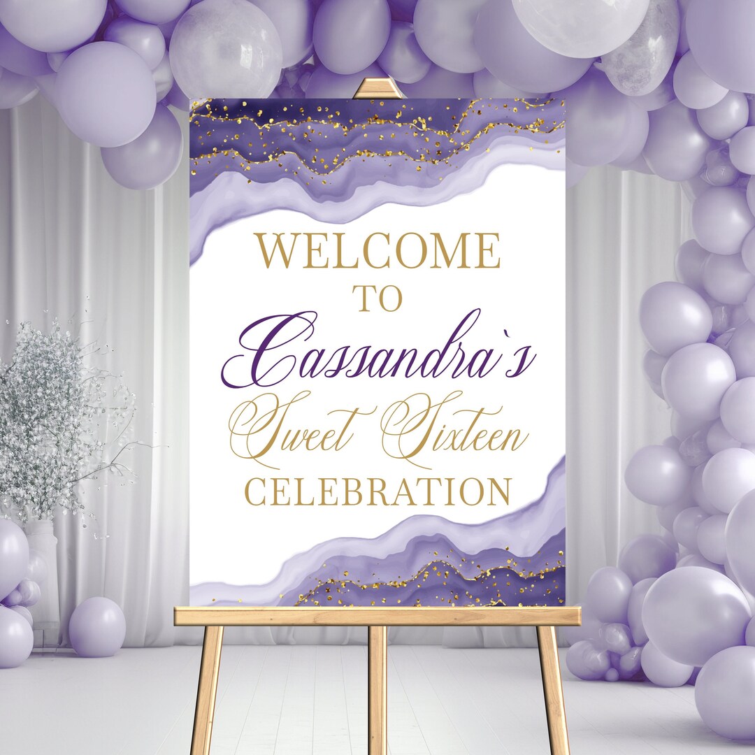Editable Purple and Gold Welcome Sign Birthday Party Welcome Sign Decor ...