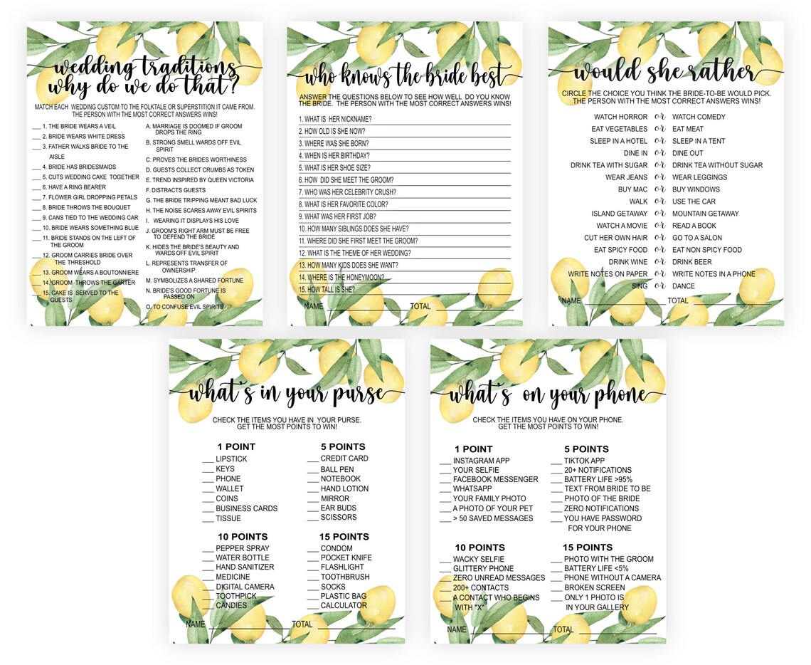 Lemon Bridal Shower Game Lemon Theme Bridal Shower Game Set - Etsy