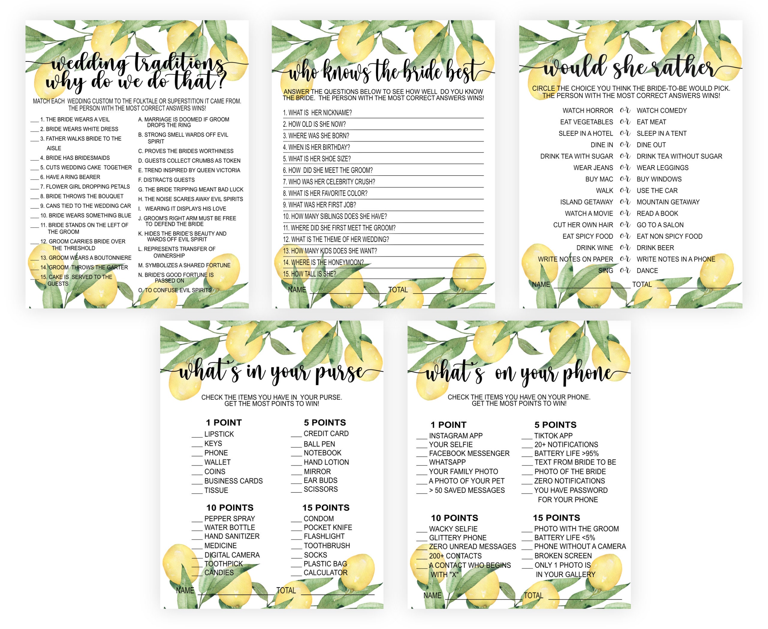 Lemon Bridal Shower Game Lemon Theme Bridal Shower Game Set - Etsy