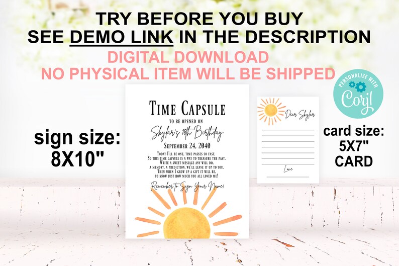 Editable Sun Time Capsule Sign Note Card Sunshine Time Capsule - Etsy