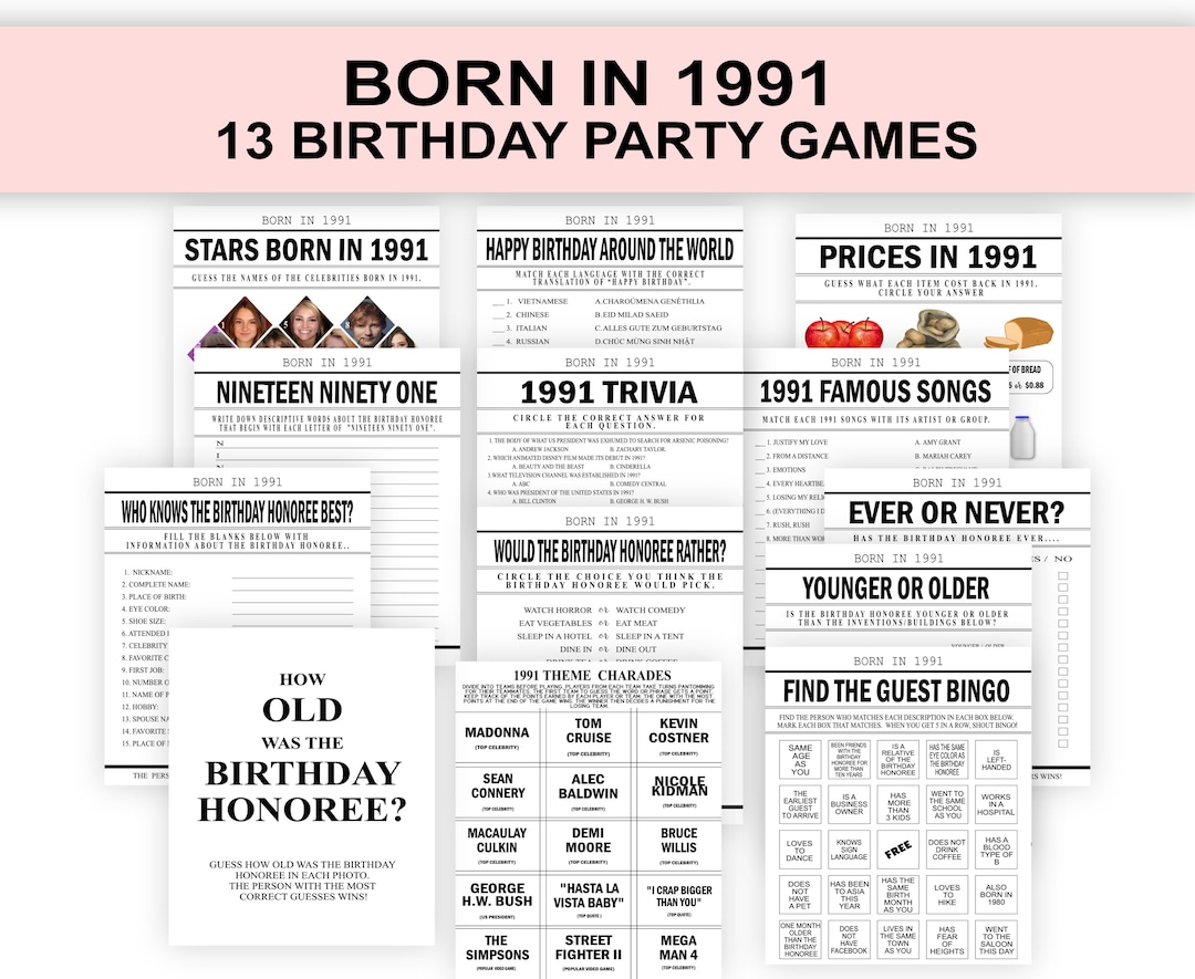 34th Birthday Party Games Born in 1991 Birthday Games Bundle 1991 ...