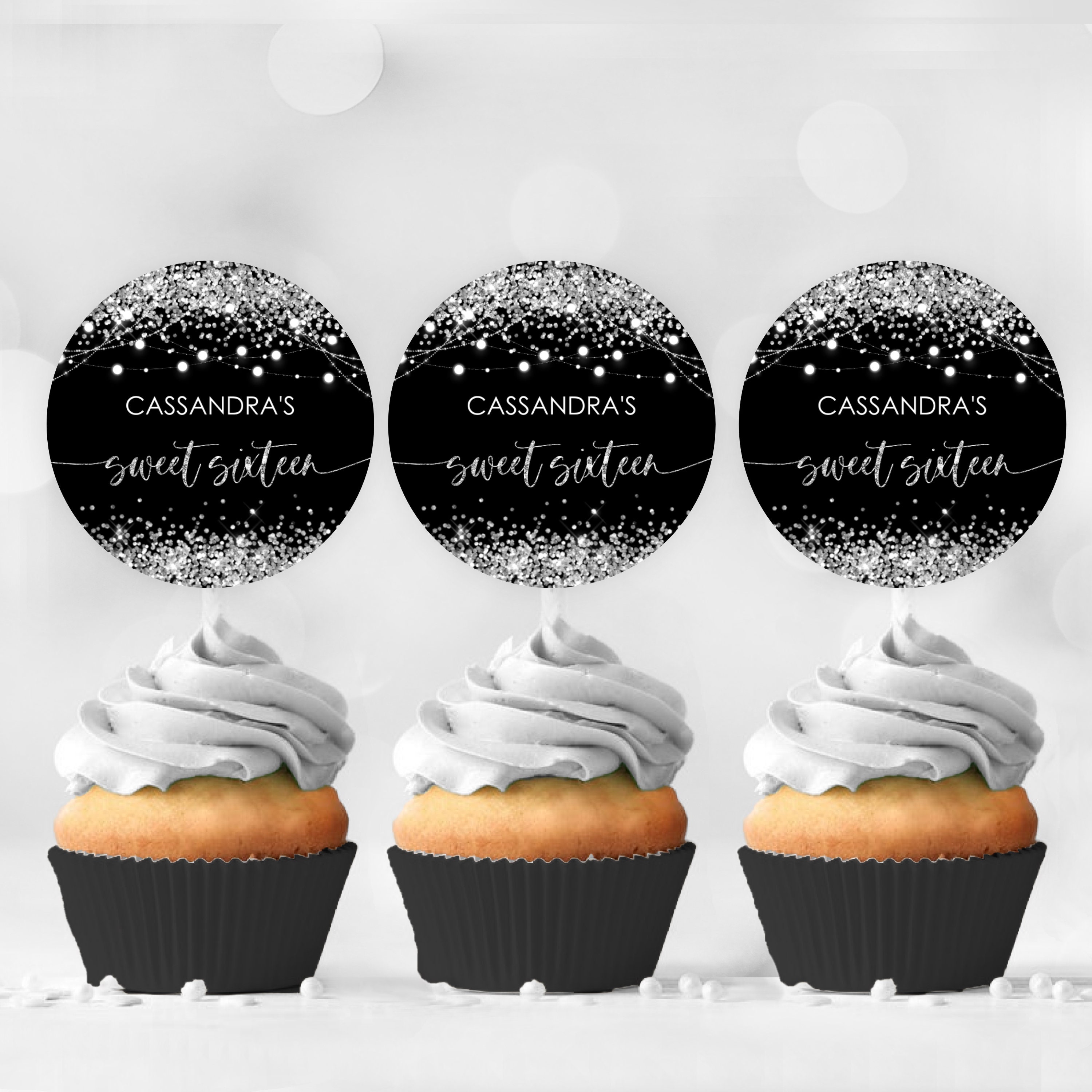 Editable Silver Black Cupcake Toppers Birthday Favor Tags Glitter ...