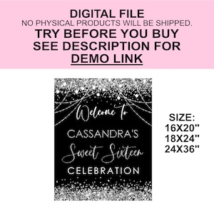 Editable Black Silver Welcome Sign Birthday Party Silver Glitter ...