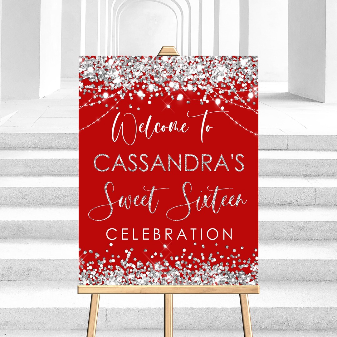 Editable Red Silver Welcome Sign Birthday Party Silver Glitter Welcome ...