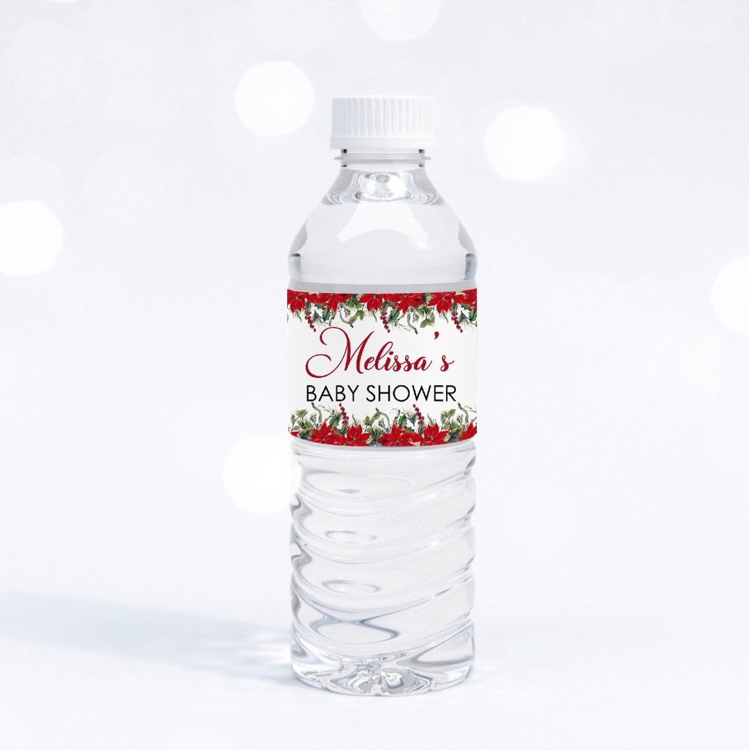Editable Christmas Water Bottle Label Red Poinsettia Merry Little Baby ...