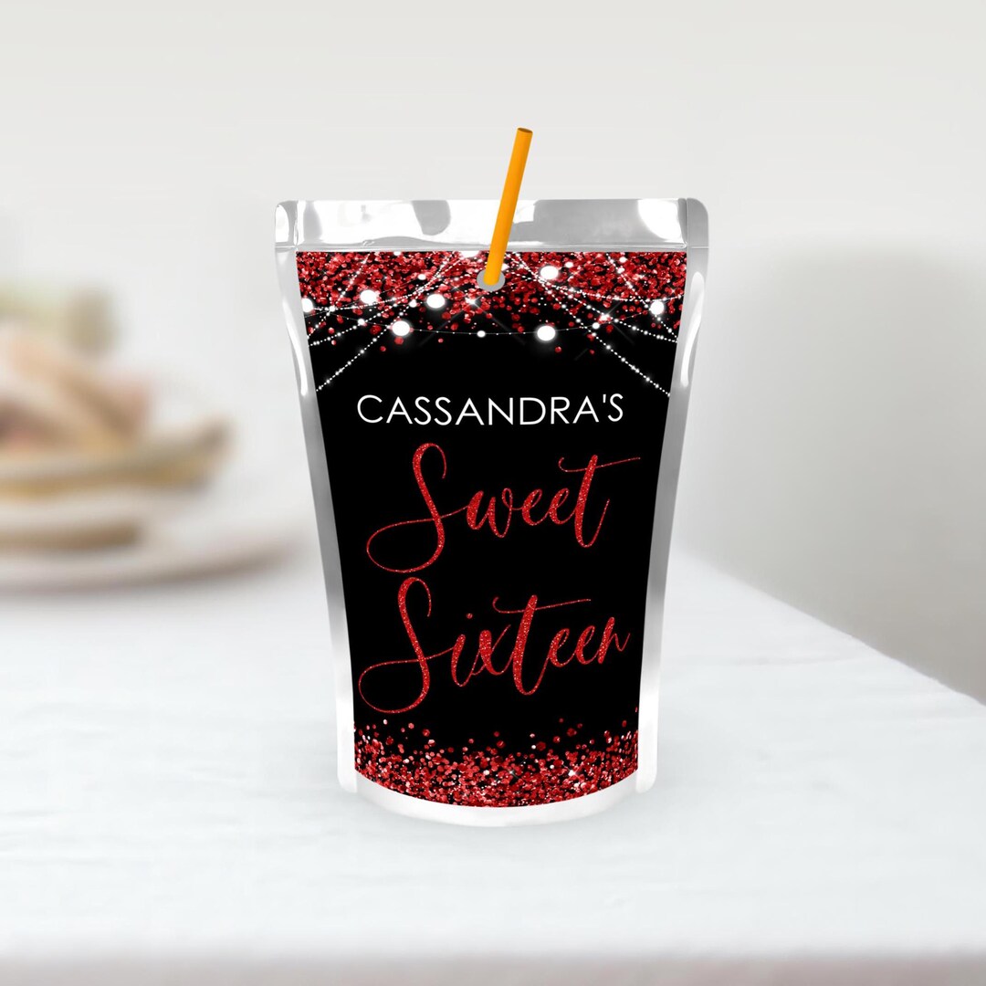 Editable Red Black Juice Pouch Label Red Glitter Birthday Party Favor ...