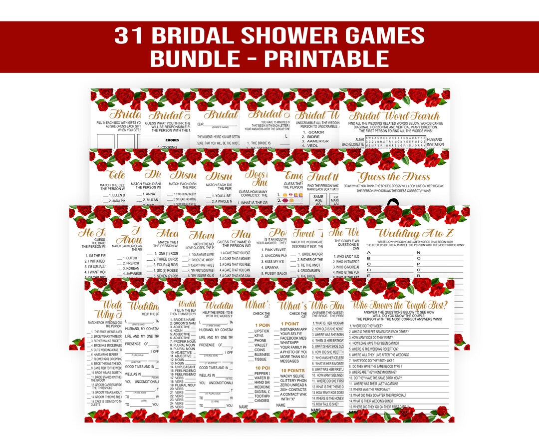 Bridal Shower Games, Bundle Pack, Red Rose Theme, Red Rose Bridal ...