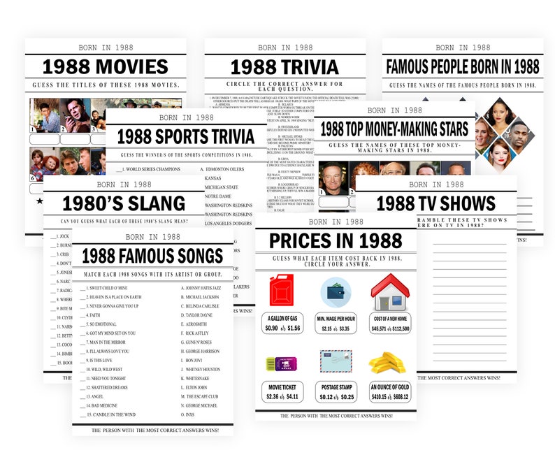 38th Birthday Games, Born in 1988 Birthday Games Bundle ,1988 Trivia ...