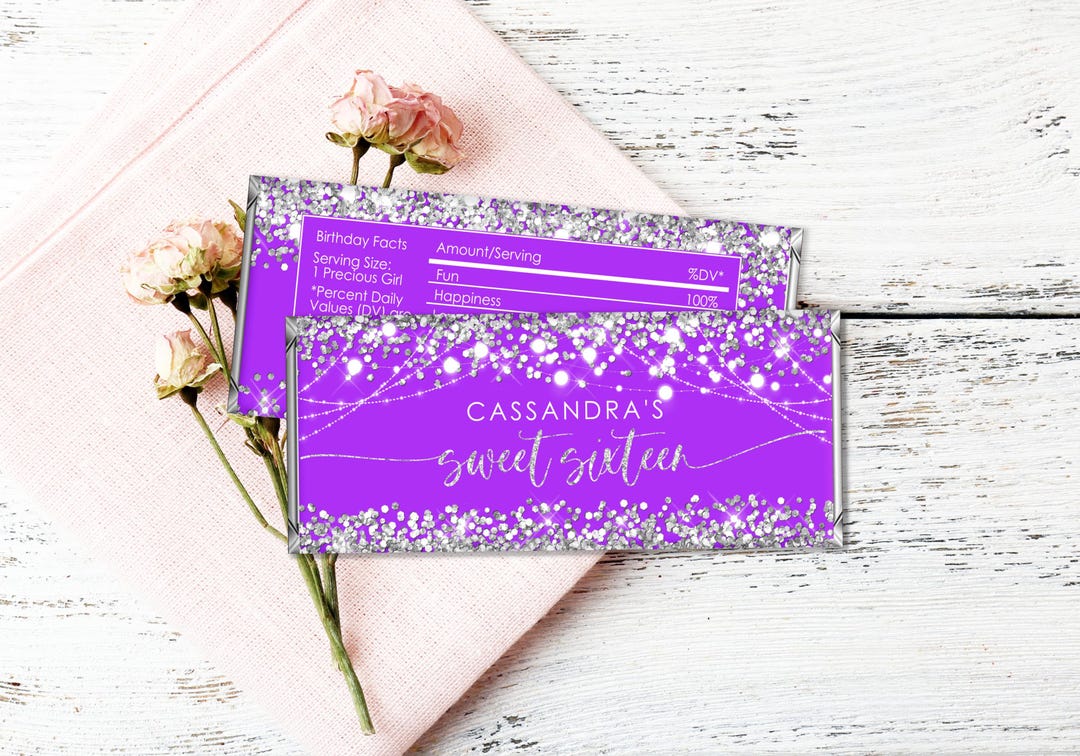 Editable Purple Silver Candy Bar Wrapper Label, Sweet 16 Silver Glitter ...