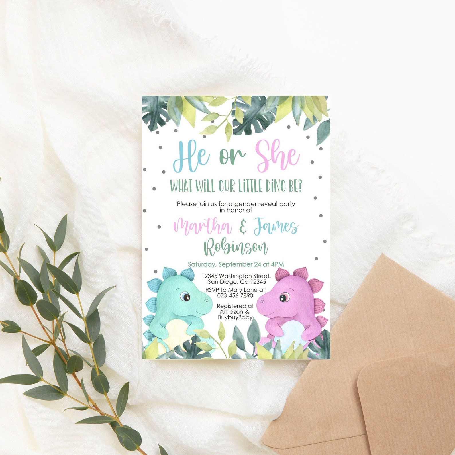 Editable Dinosaur Gender Reveal Invitation Dinosaur Gender Reveal Party ...