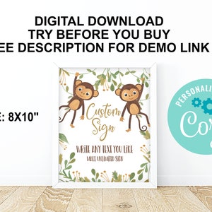 Editable Monkey Custom Sign PRINTABLE Monkey Baby Shower Birthday ...