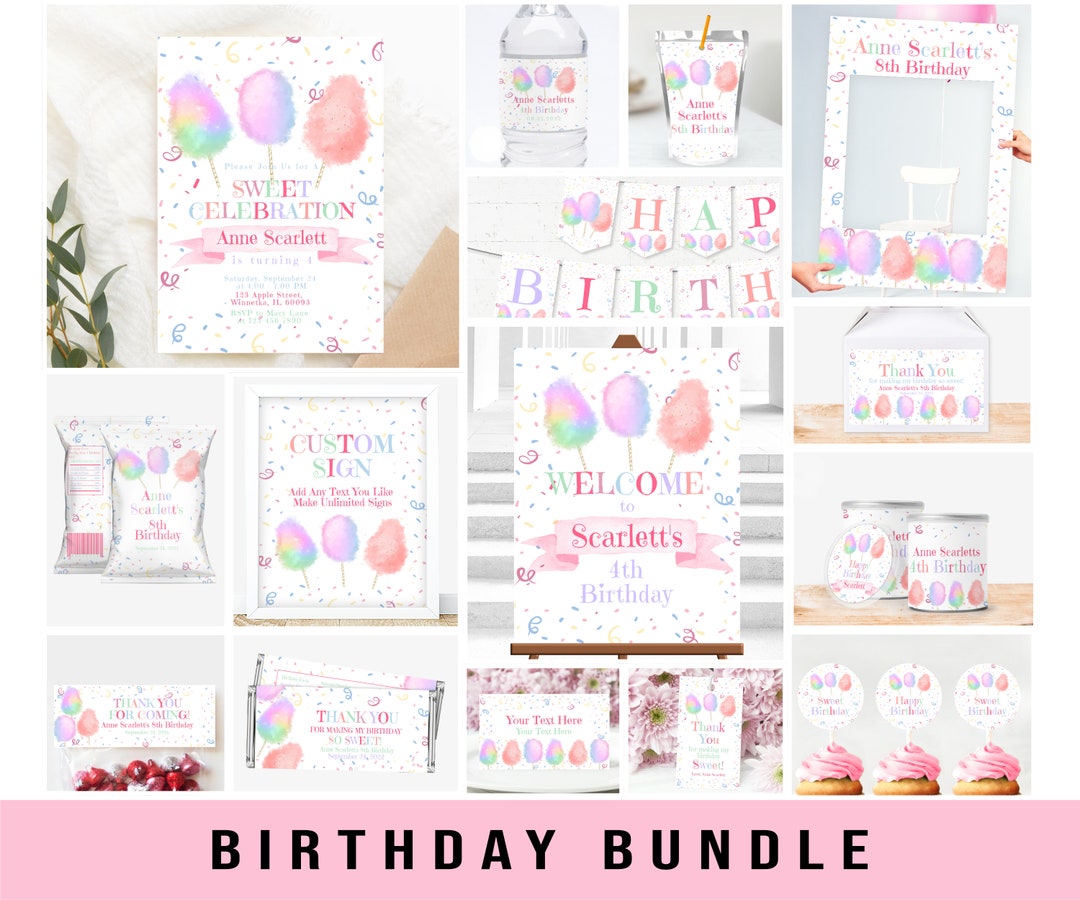 Editable Cotton Candy Birthday Invitation Bundle Pack Party Package ...