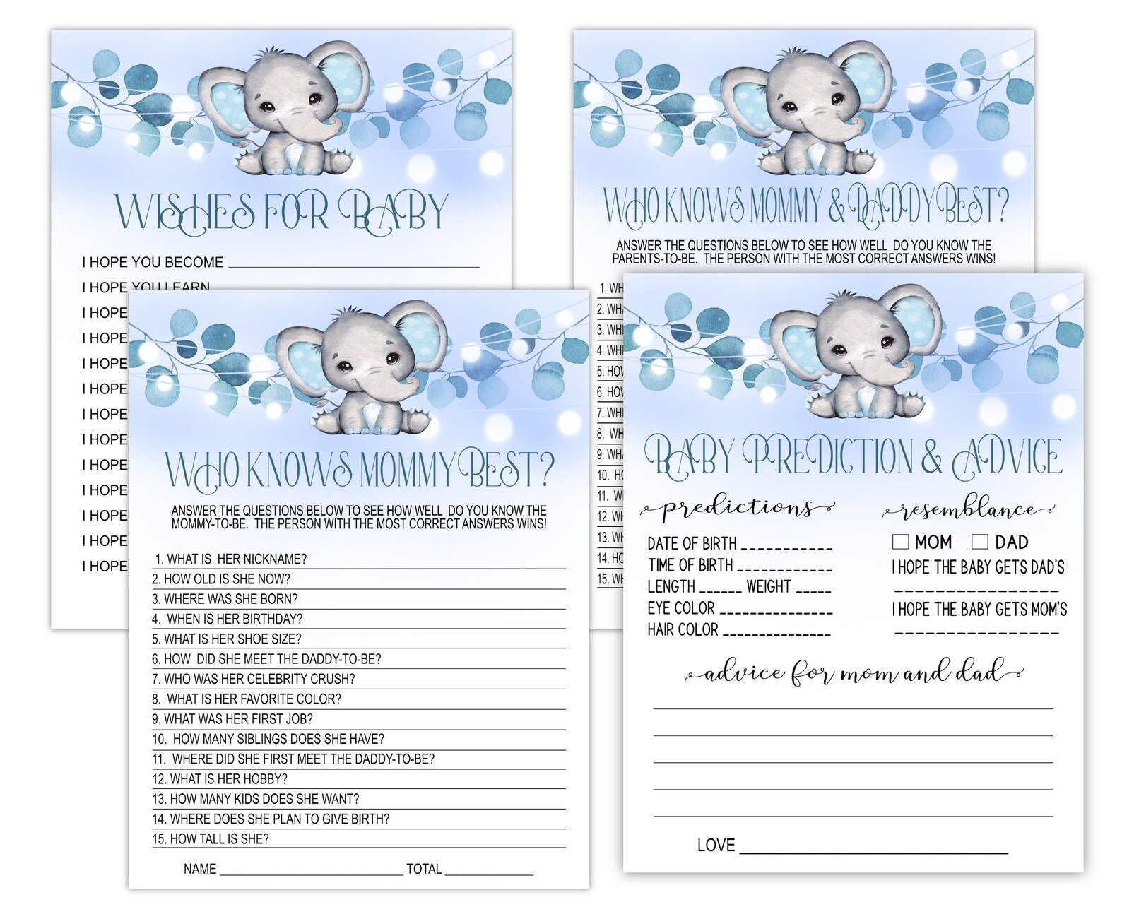 Boy Elephant Baby Shower Games Blue Elephant Baby Shower | Etsy