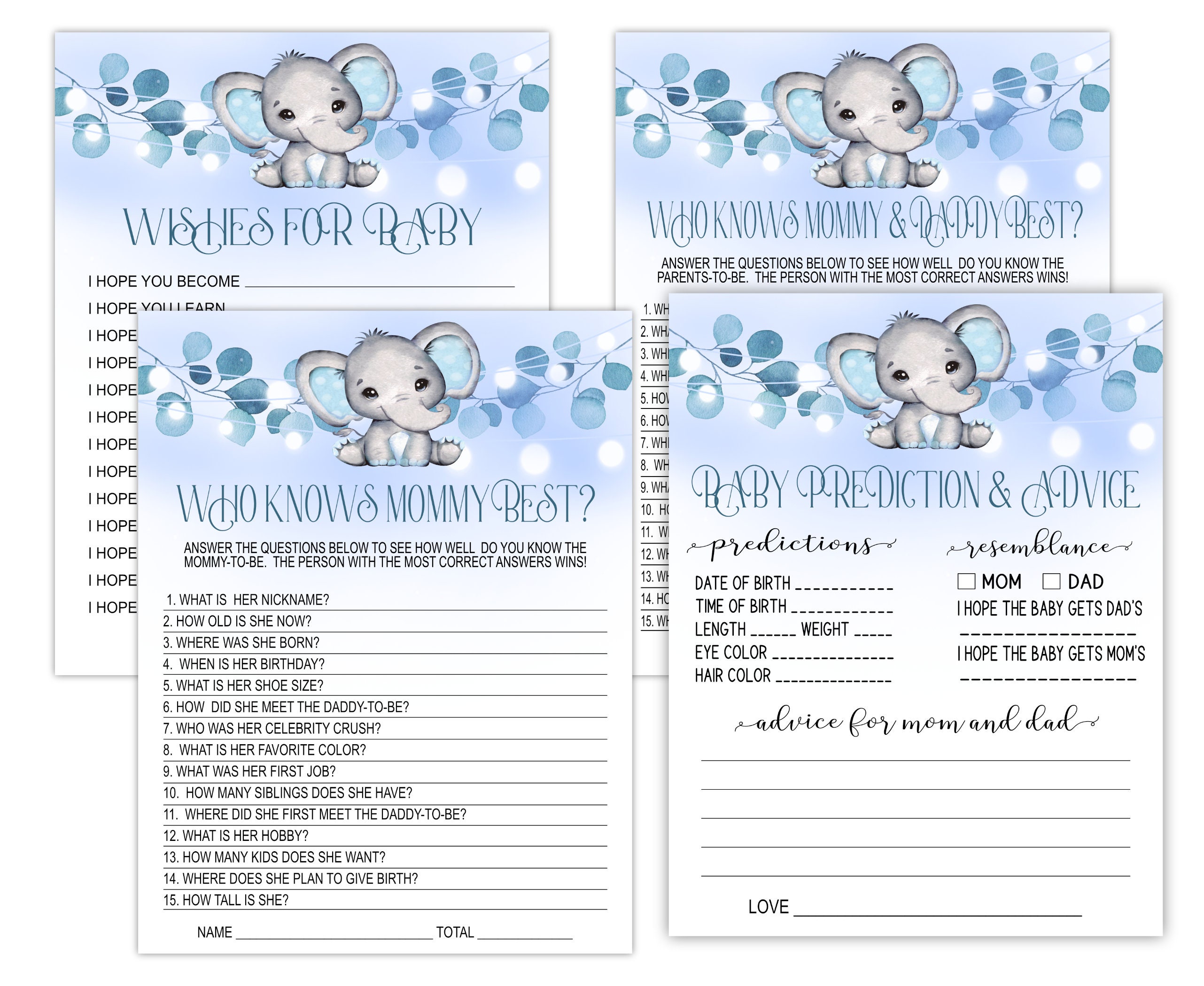 Boy Elephant Baby Shower Games Blue Elephant Baby Shower - Etsy