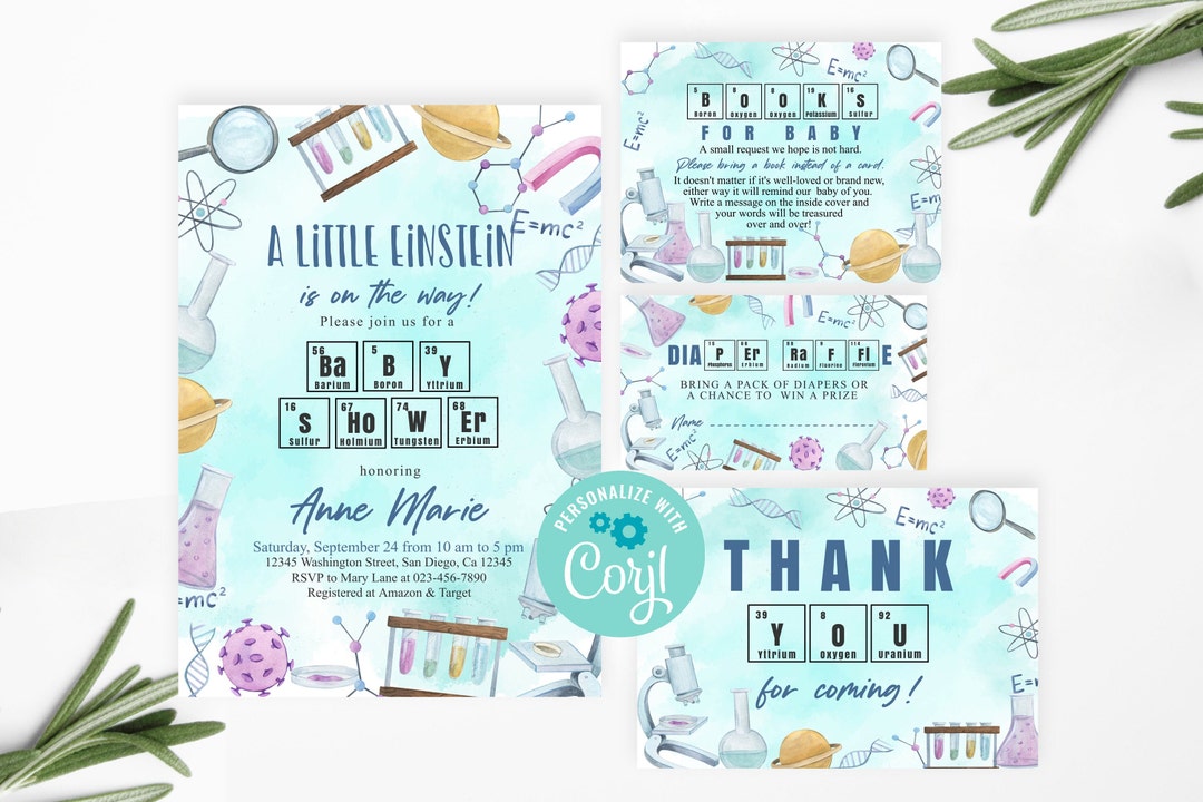 Editable Science Baby Shower Invitation Set Little Einstein Party ...