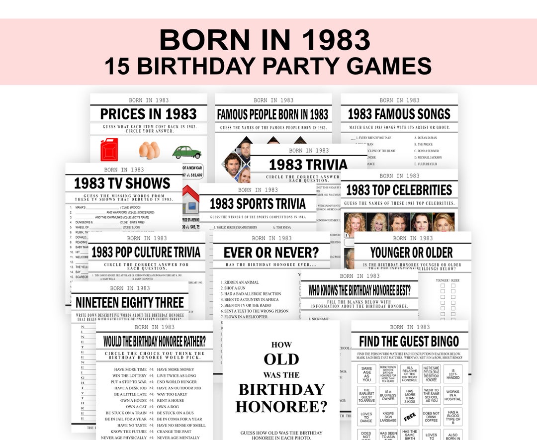 42nd Birthday Party Games Born in 1983 Birthday Game Bundle 1983 Trivia ...