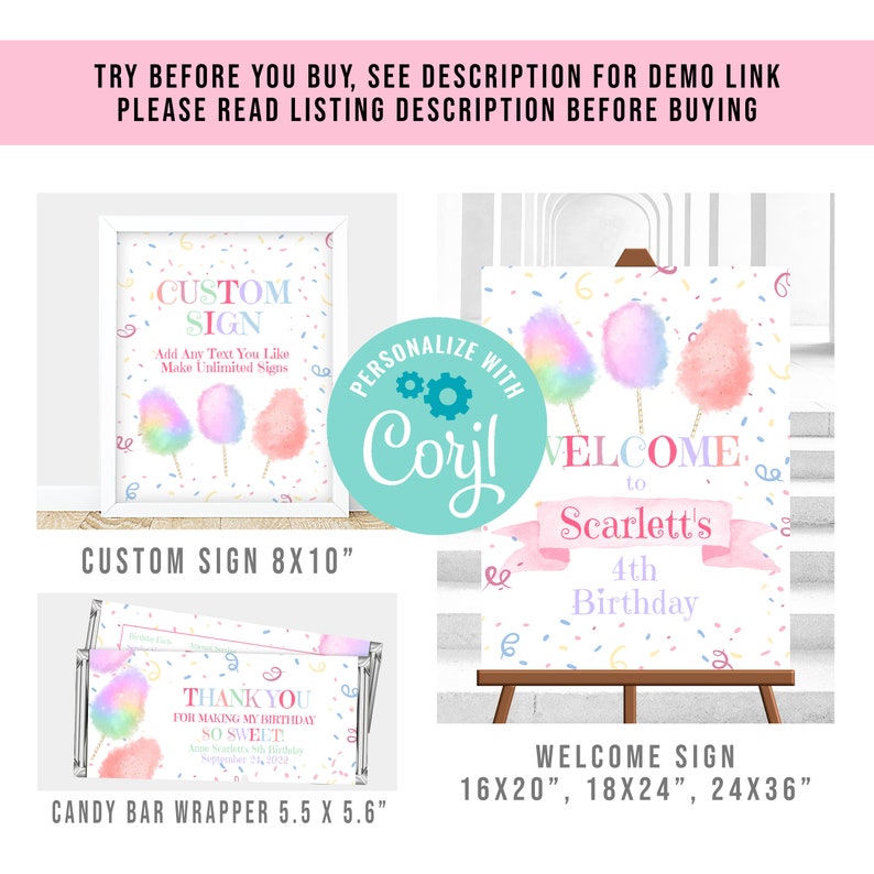 Cotton Candy Birthday Invitation Bundle: Editable Party Set (digital ...