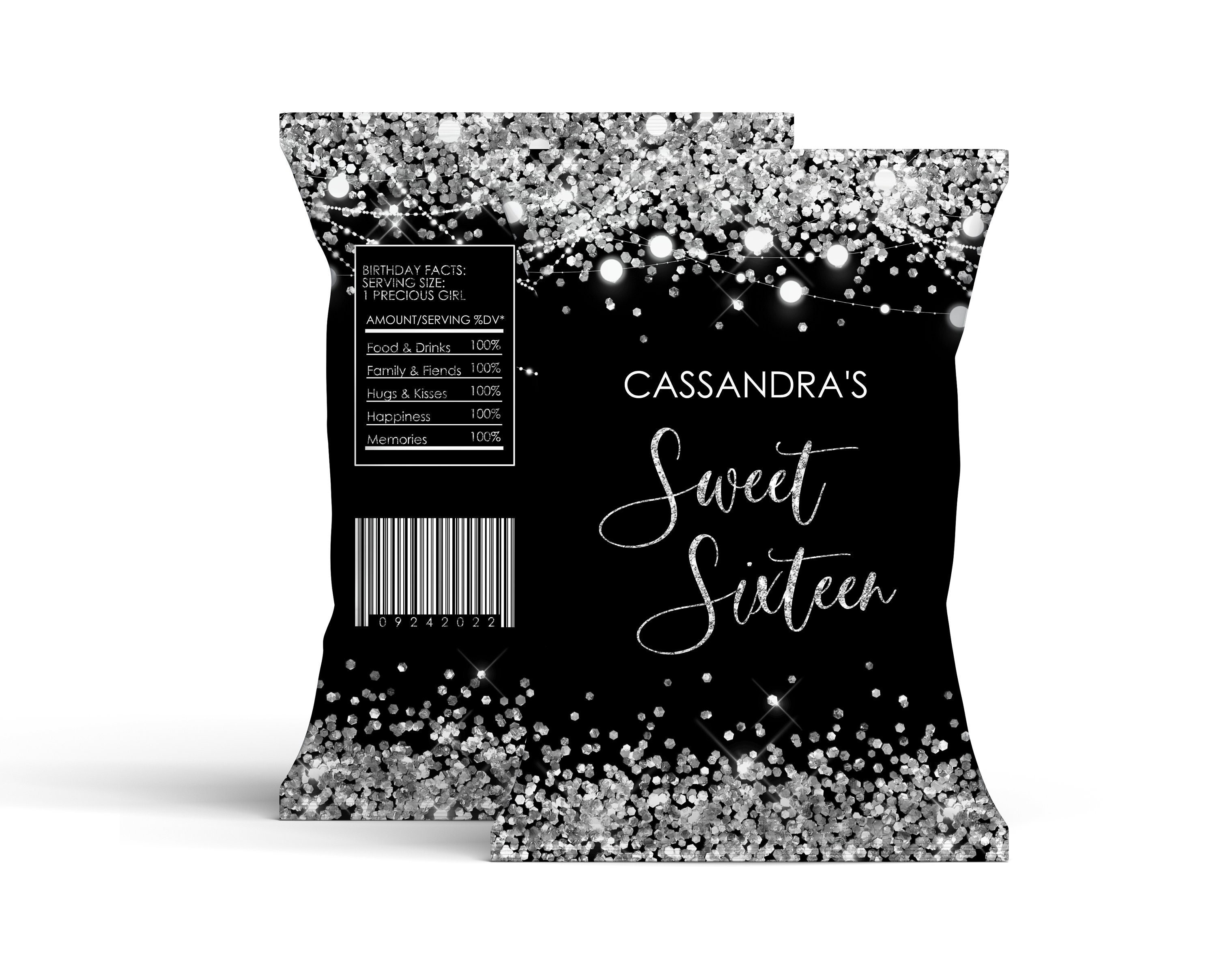 Editable Silver Black Chip Bag Label PRINTABLE Black Silver Glitter ...