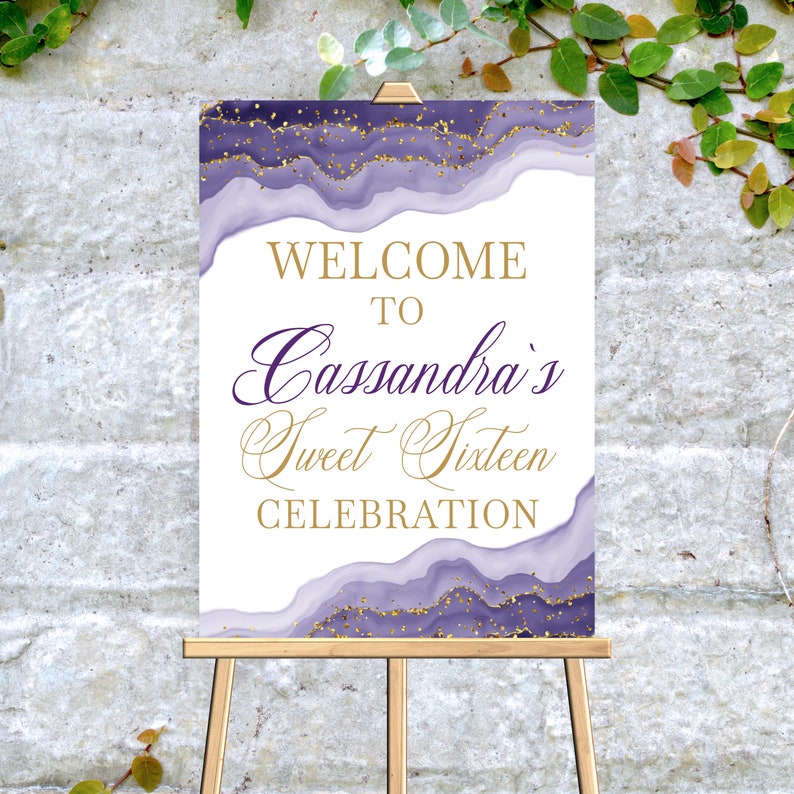 Editable Purple and Gold Welcome Sign Birthday Party Welcome Sign Decor ...
