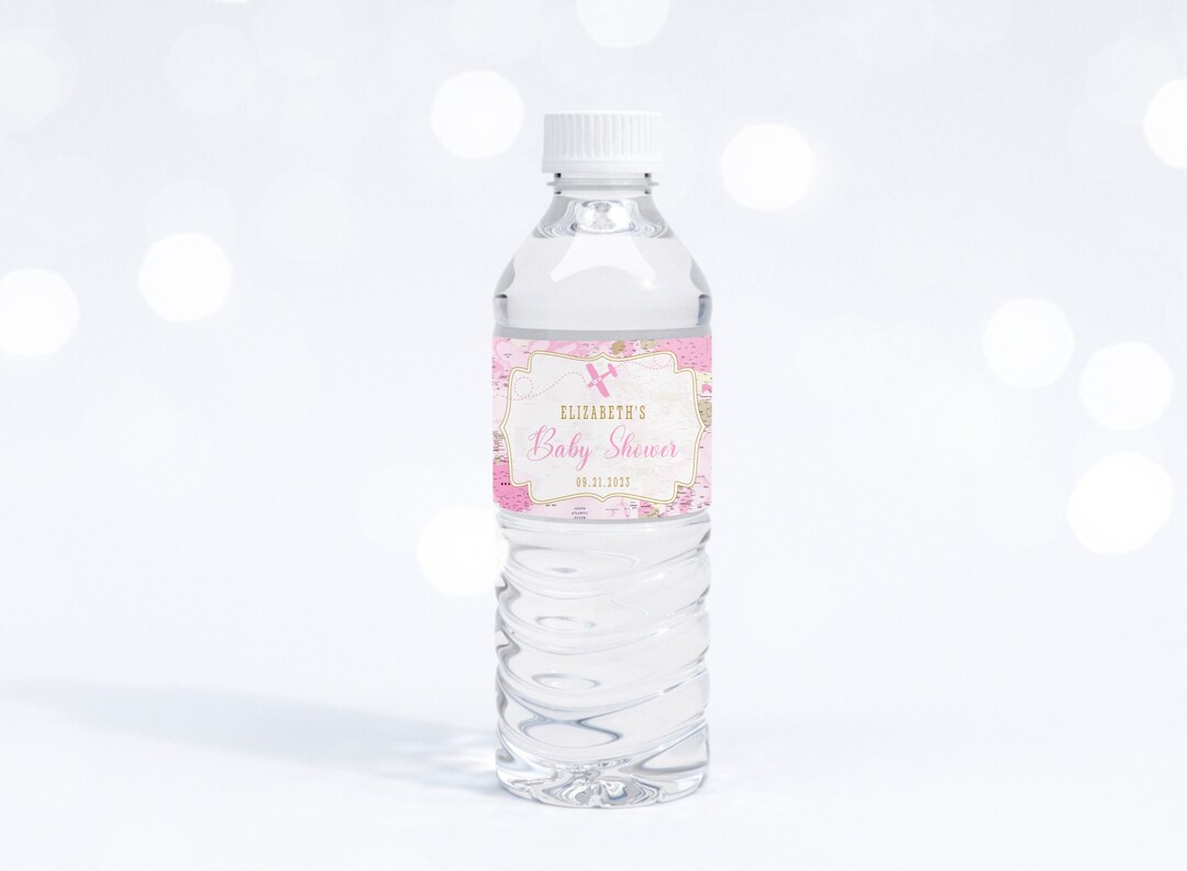 Editable Pink Travel Water Bottle Label Airplane World Map Adventure ...