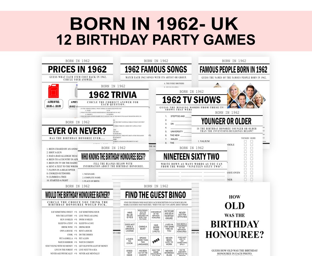 Born in 1962 Birthday Games Bundle 62nd Birthday Party Games British UK ...