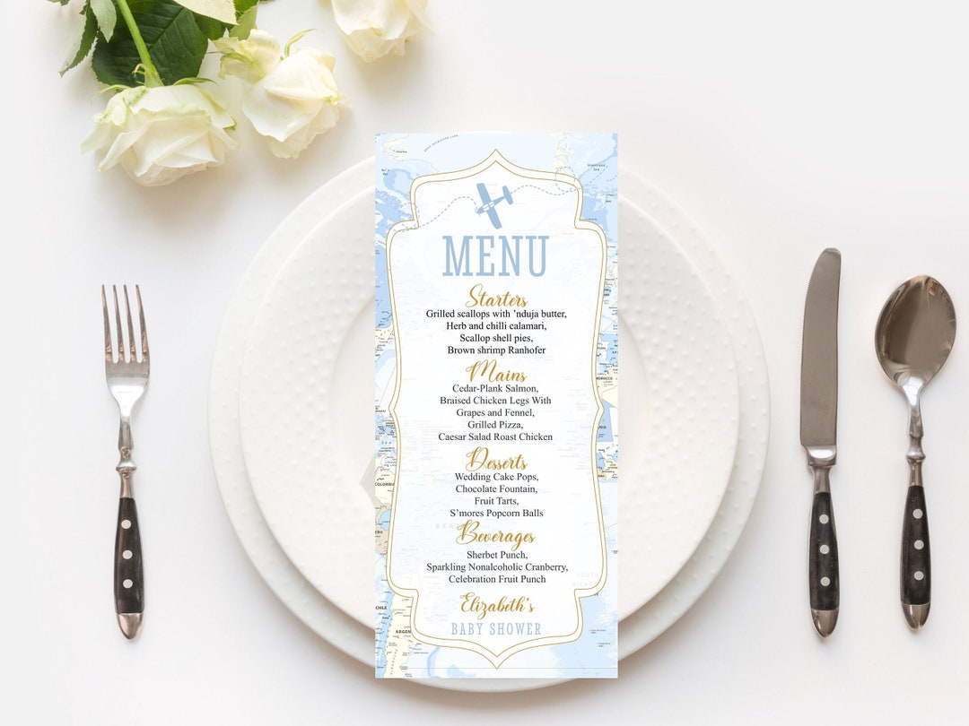 Editable Travel Menu Card Blue and Gold Adventure Awaits Menu Baby ...