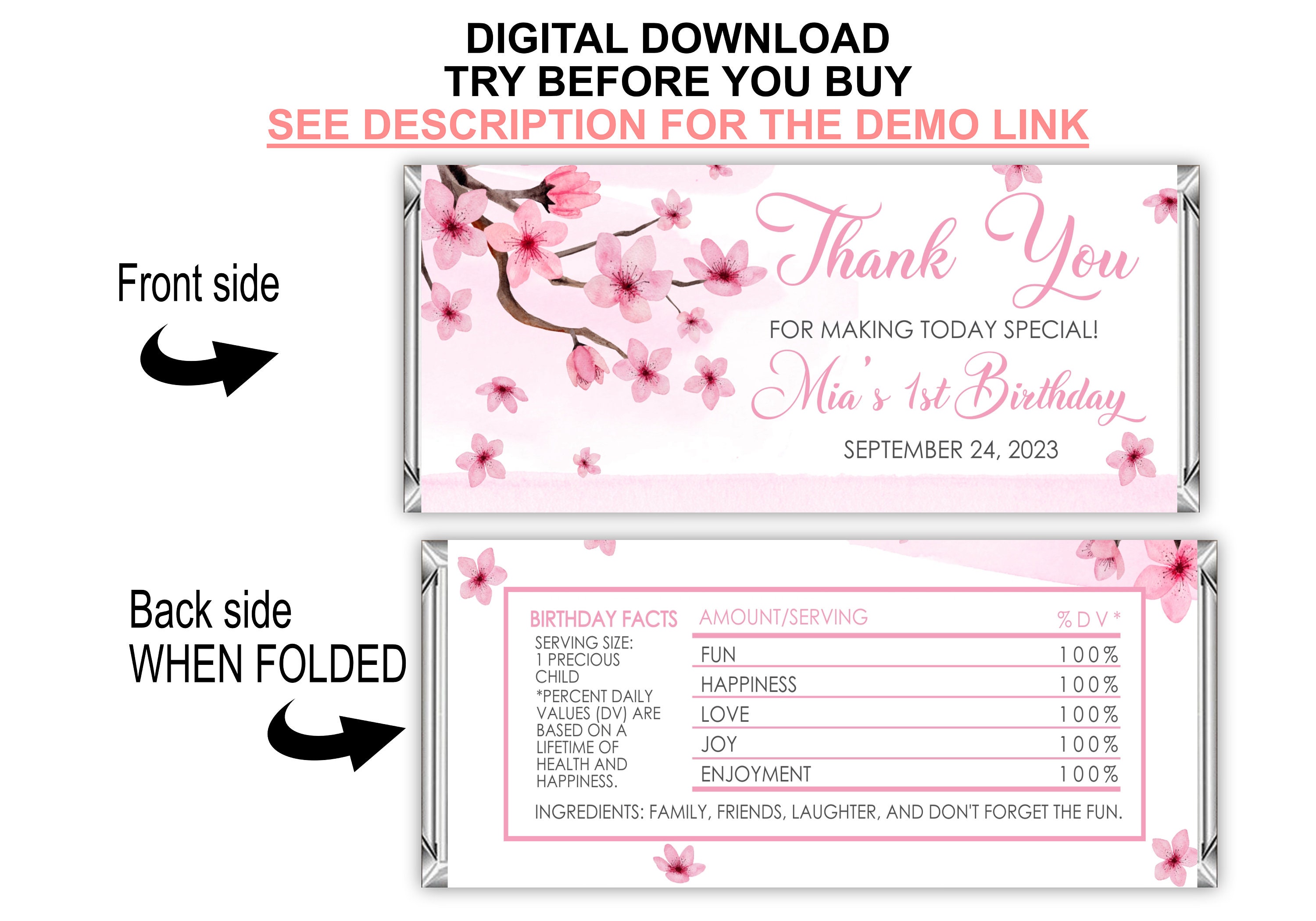 Editable Cherry Blossom Candy Bar Wrapper Label Favors Birthday Party ...