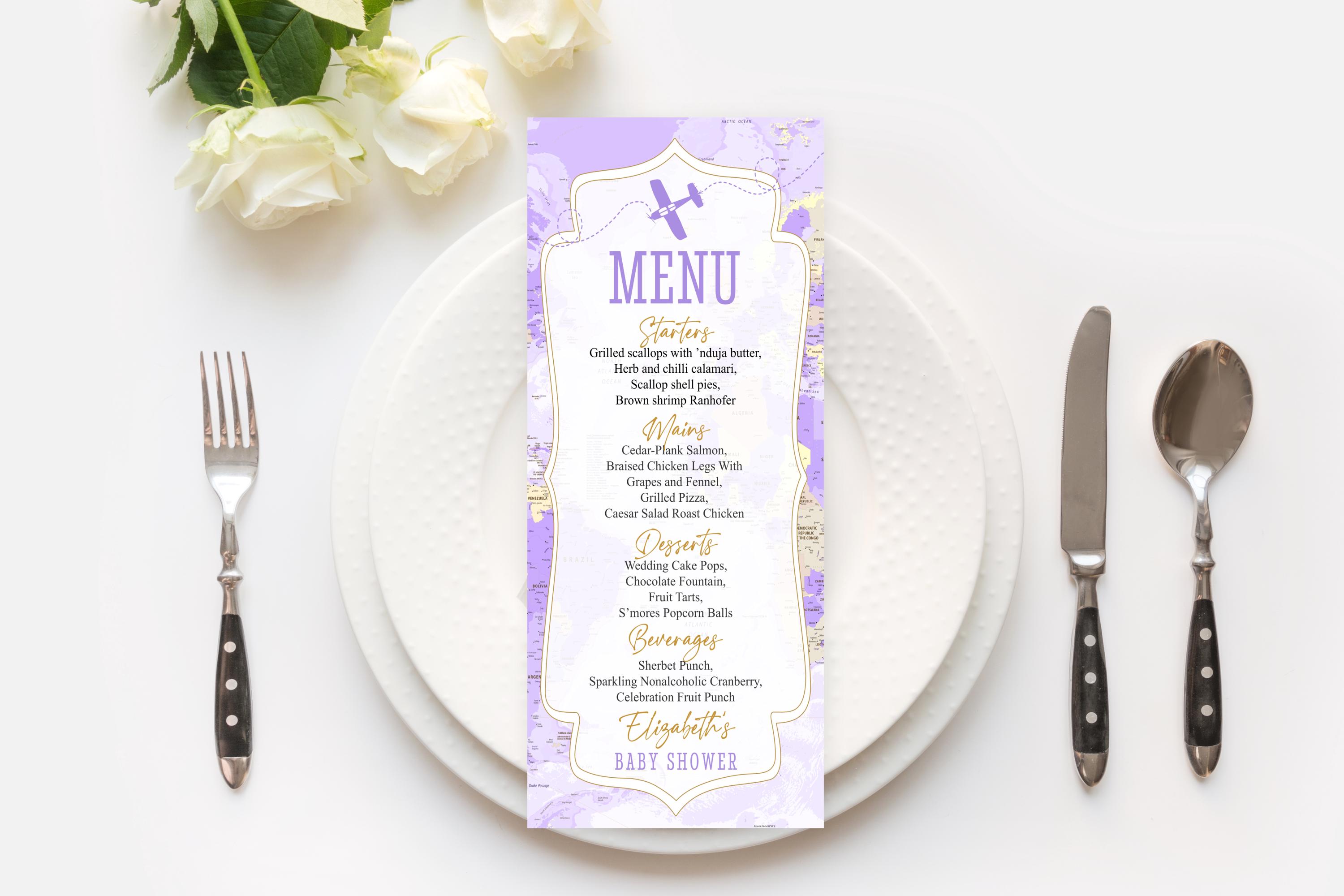 Editable Travel Menu Card Purple Map Adventure Awaits Menu Baby Shower ...