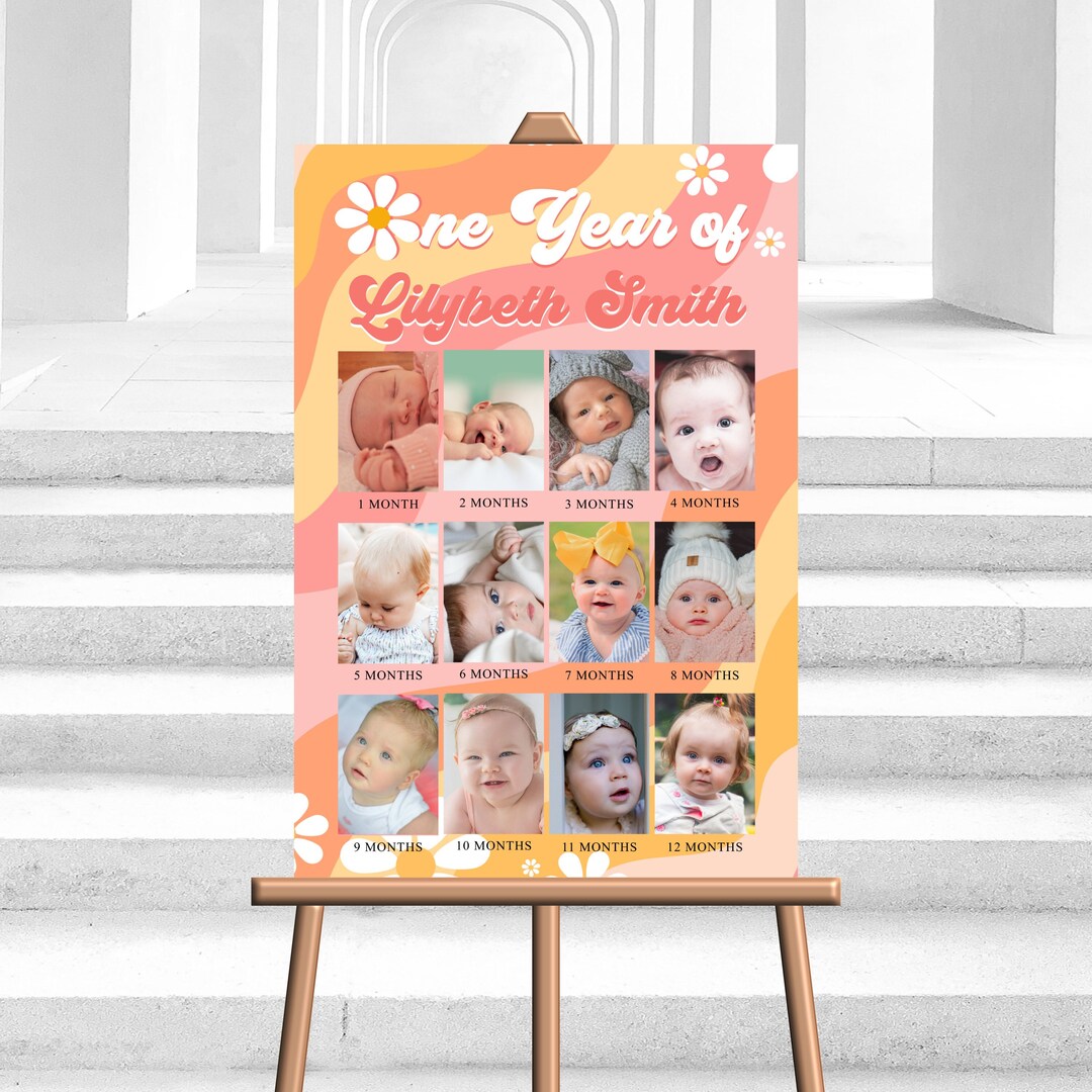 Editable Groovy Baby First Year Photo Poster Milestone Daisy Boho 1st ...