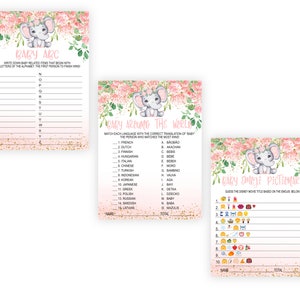 Baby Girl Pink Elephant Baby Shower Game Bundle, Pink Elephant Baby ...