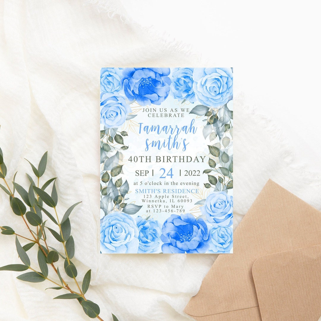 Editable Blue Flower Birthday Invitation Blue Floral Theme - Etsy