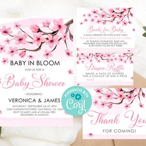 Editable Cherry Blossom Baby Shower Invitation Set PRINTABLE Pink Invitation Diaper Raffle Set ...