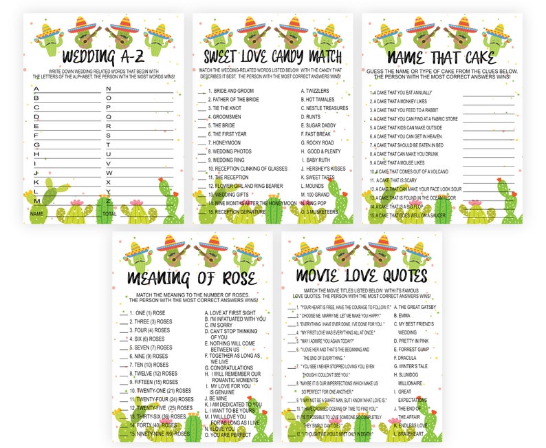 Fiesta Theme Bridal Shower Game Bundle Pack Fiesta Cactus - Etsy